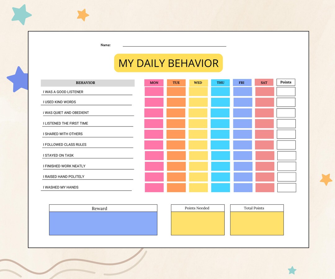 Editable Kids Daily Behavior Chart Printable | Reward Chart for ...