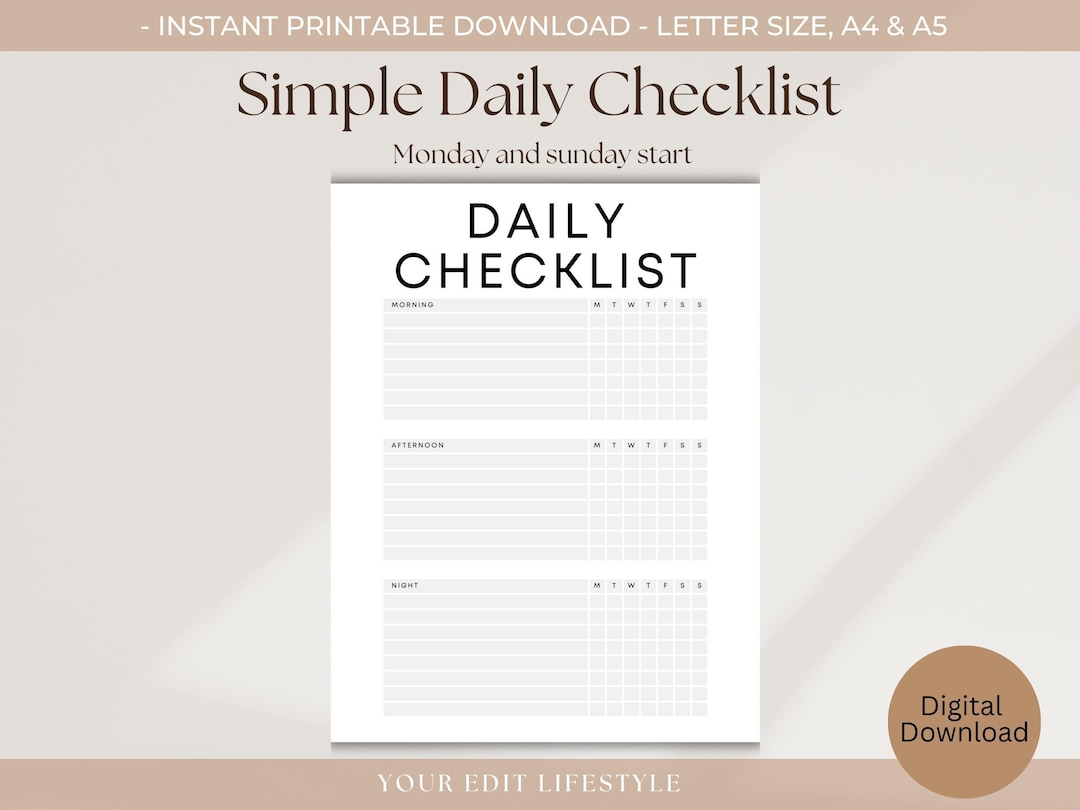 Simple Daily Checklist Template, Printable and Digital Use. Come in 3 ...