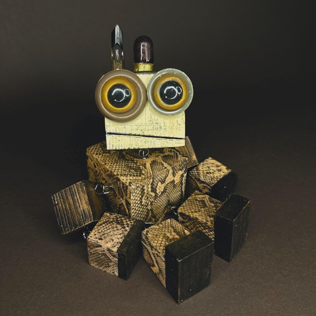Upcycled Wood Robot Figurine: Miniature Snake Print Decor - Etsy