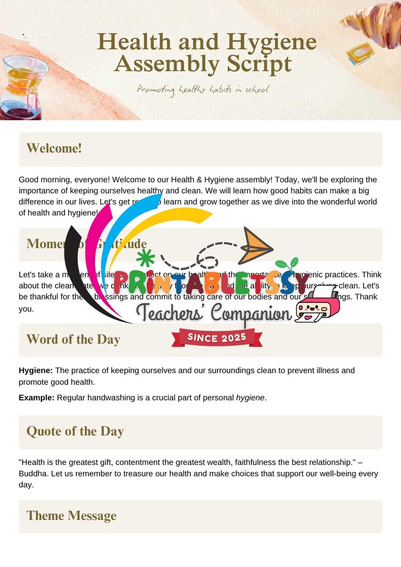 School Assembly Scripts | 20 Themes, Decorated Pages (printable PDF) - Etsy