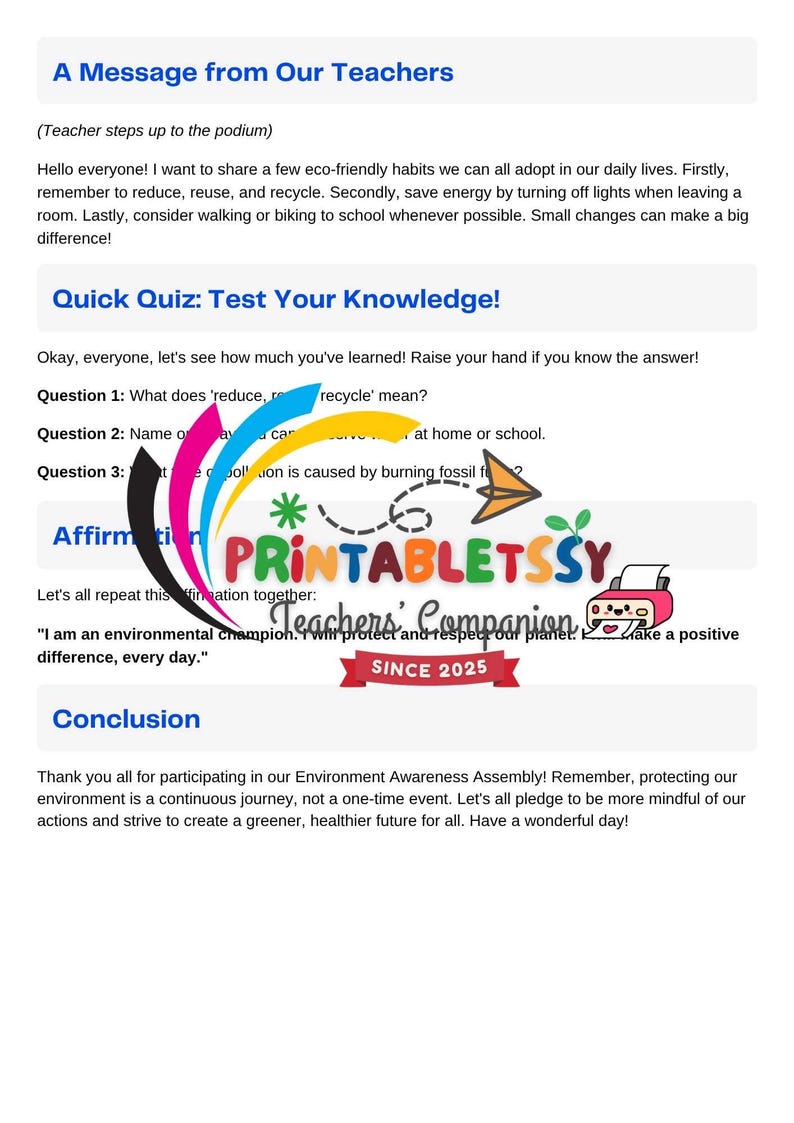School Assembly Scripts | 20 Themes, Decorated Pages (printable PDF) - Etsy