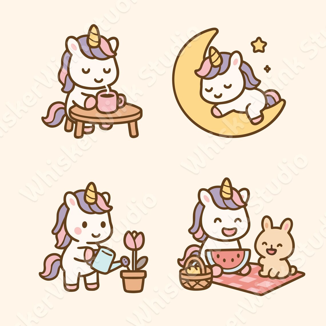 Kawaii Unicorn Clipart Bundle | 16 Cute Daily Life PNG + SVG | Pastel ...