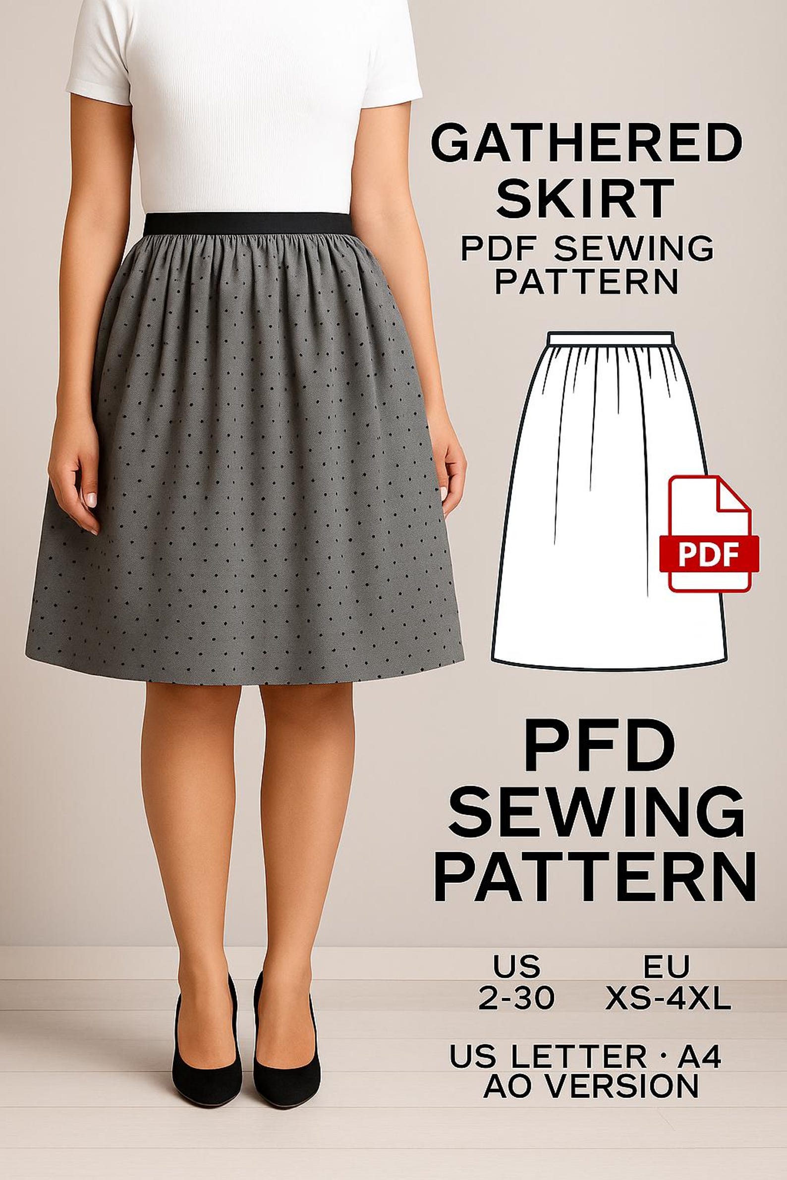 Easy Gathered Skirt Sewing Pattern: Elastic Waist (PDF Digital Download ...