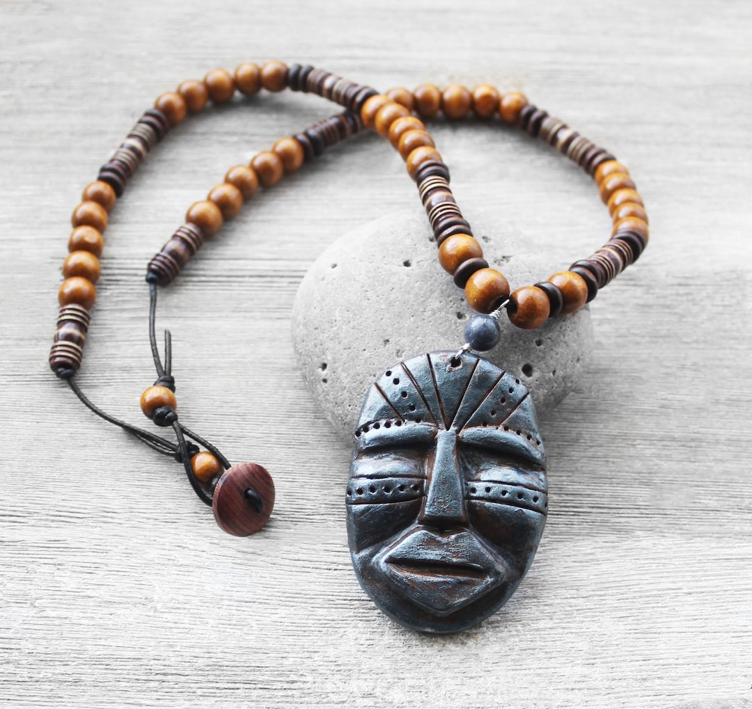 Men's Tribal African Necklace, African Mask Pendant, Beaded, Men's ...