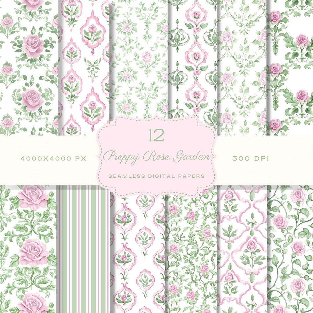 Watercolor Preppy Pink Rose Seamless Pattern Grandmillenial Invite ...