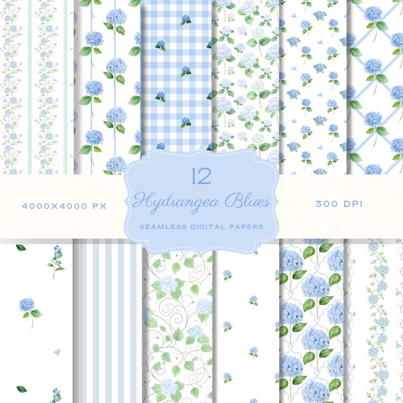 Watercolor Blue Floral Digital Seamless Pattern Junk Journal Hydrangea ...