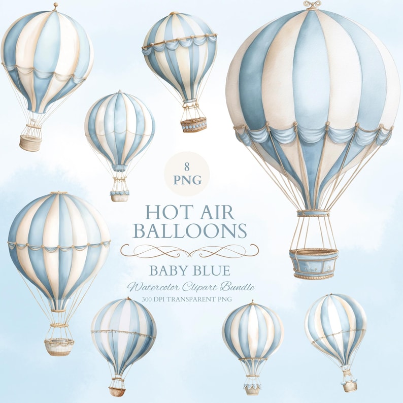 Blue Hot Air Balloon Vintage Watercolor Baby Boy Nursery Prints Digital ...