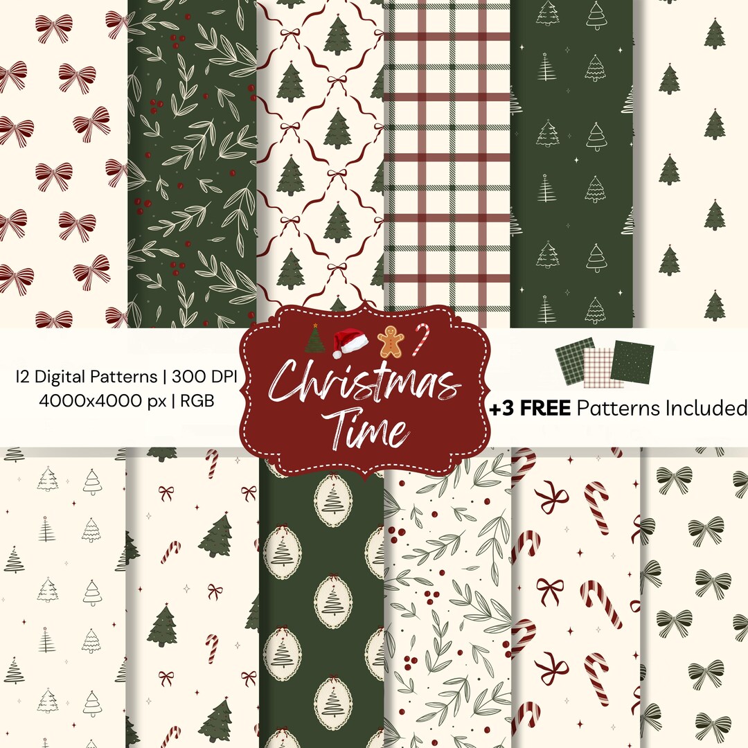Christmas Digital Seamless Background Patterns Red and Green Tree Candy ...