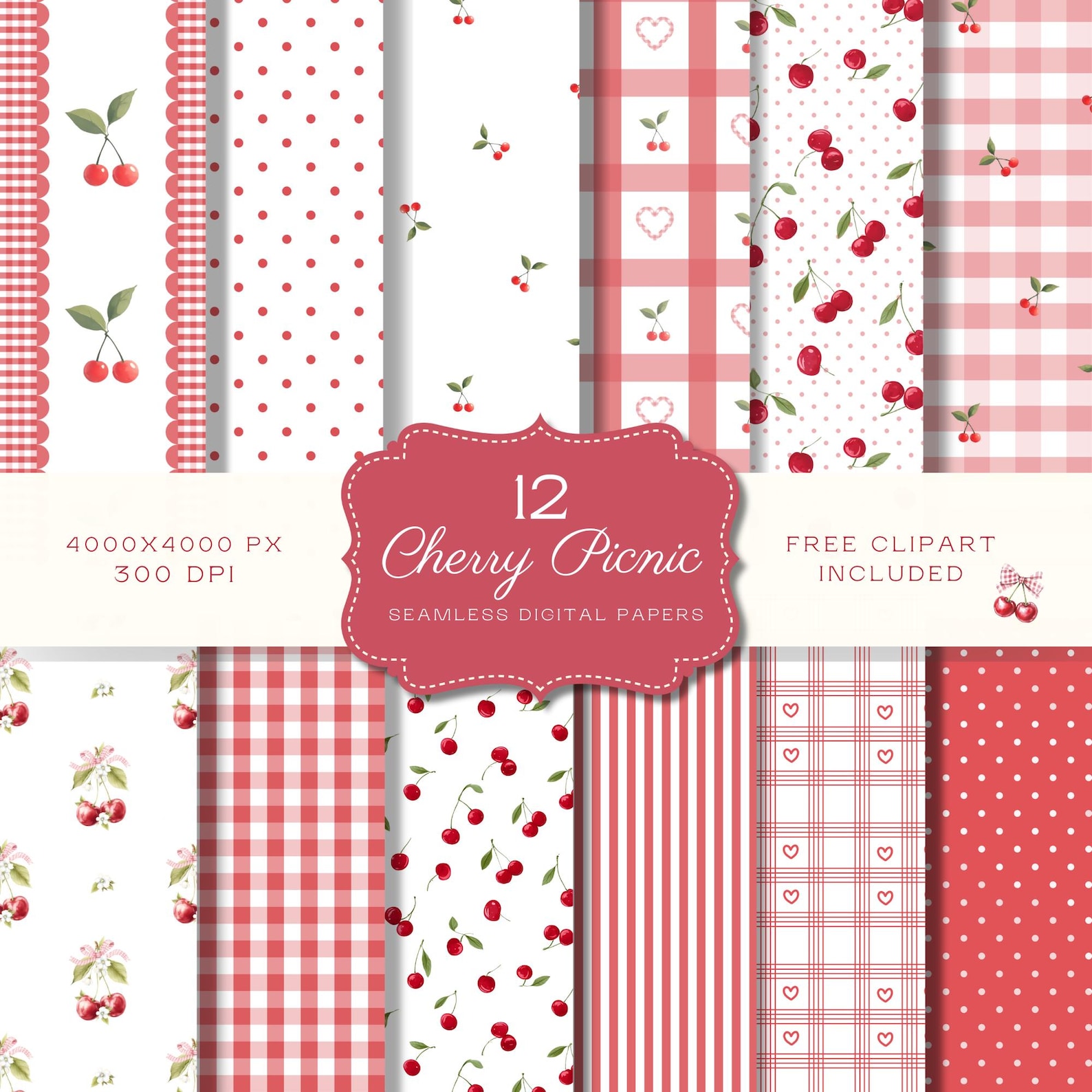 Cherry Digital Paper Watercolor Cherry Baby Shower Gingham Red Cherry ...