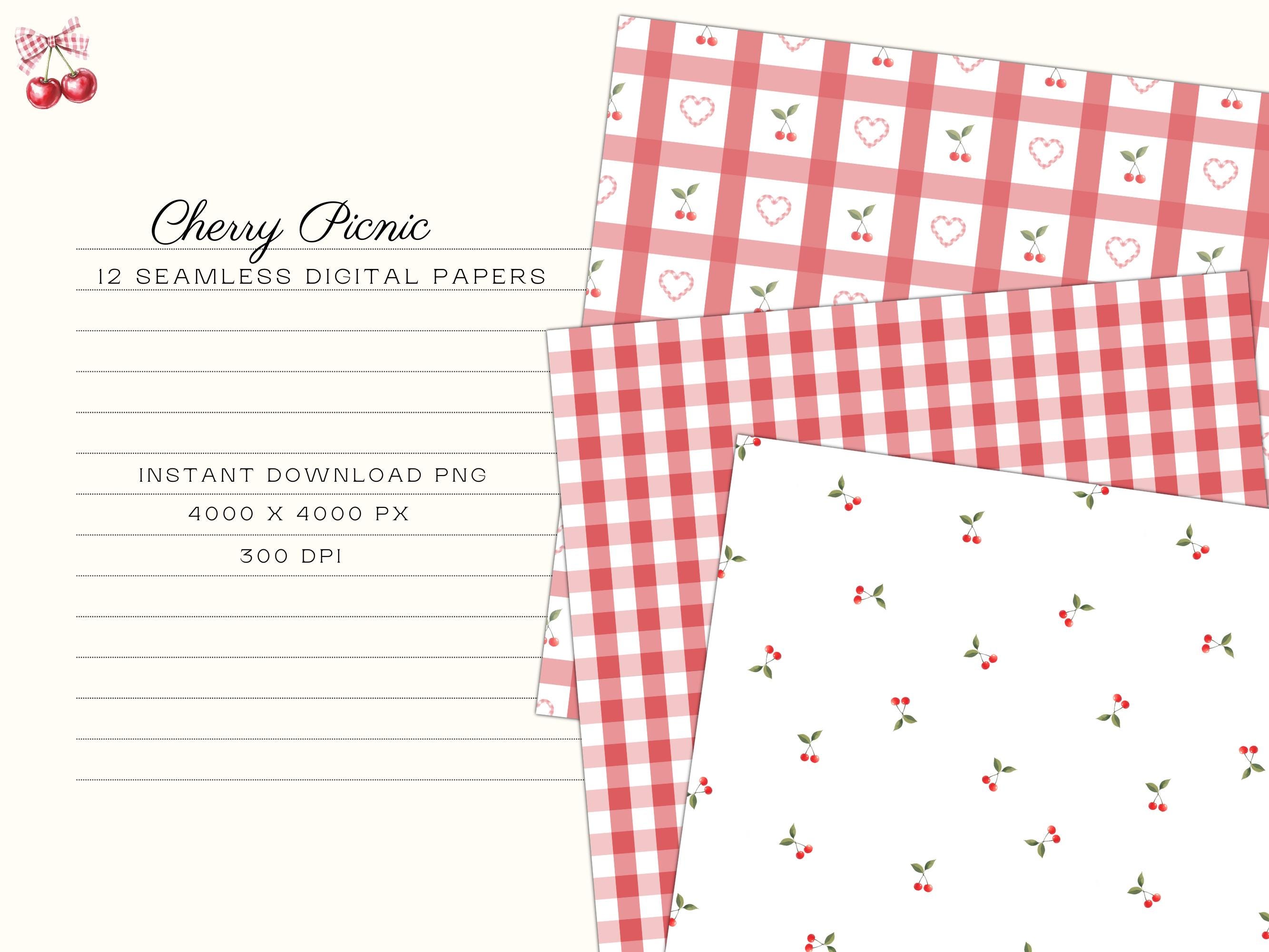 Cherry Digital Paper Watercolor Cherry Baby Shower Gingham Red Cherry ...