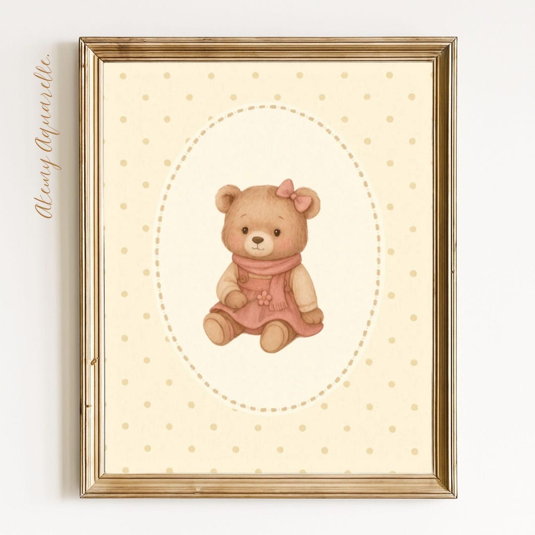 Rust Pink Bear Girl Wall Art – Watercolor Teddy With Flower – Vintage ...