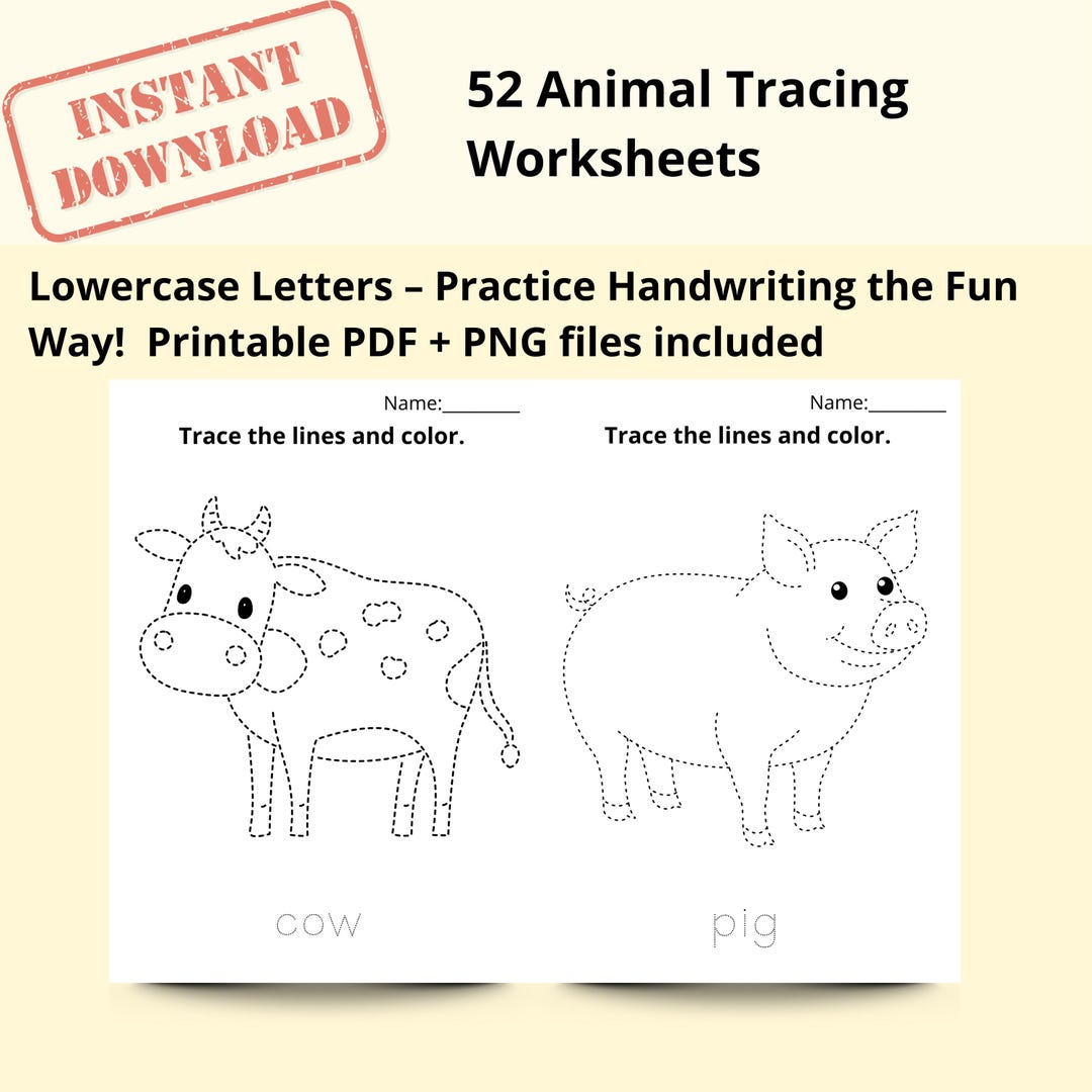 Animal Tracing Coloring Pages PDF, Lowercase Word Tracing, Animal Names ...