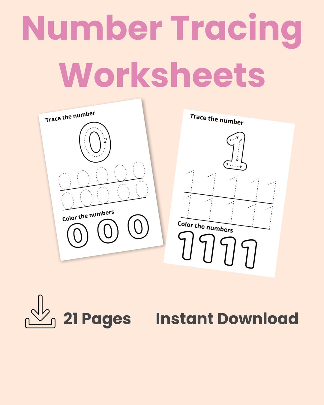 Numbers Tracing and Coloring Worksheets, 21 Printable Pages for Kids ...
