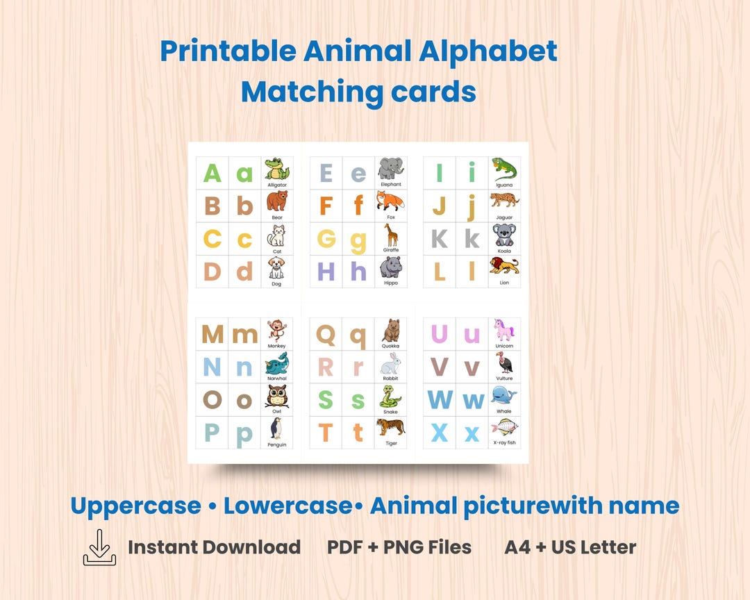 Animal Alphabet Matching Cards A-Z,A4 Uppercase & Lowercase Letter ...