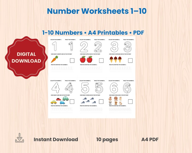 Number Worksheets for Kids, A4 Printable Math Sheets PDF - Etsy