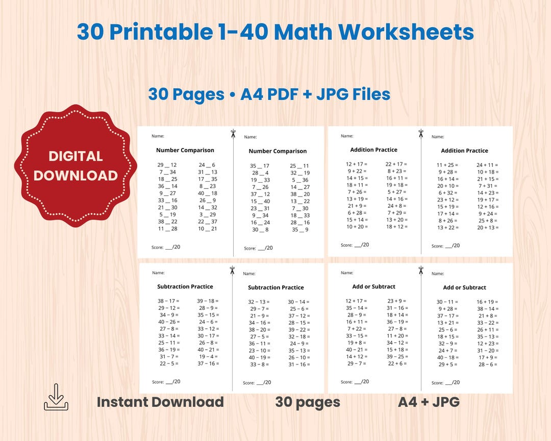 Addition, Subtraction and Comparison Worksheets, 1-40 Math Pages ...