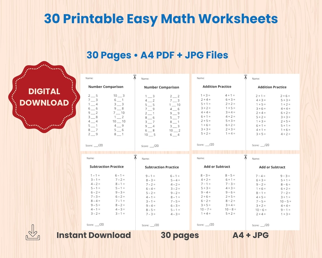 30 Math Worksheets, 1-10 Range, Addition, Subtraction, Comparison, A4 ...