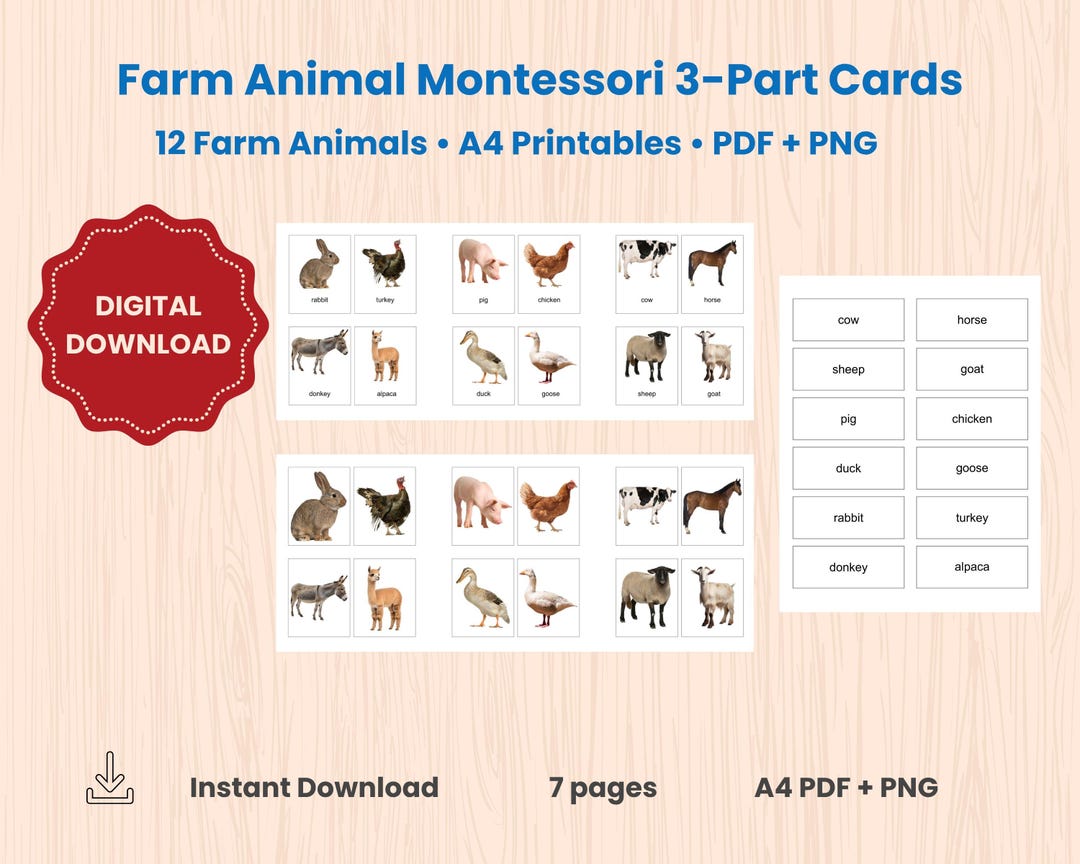 Montessori Farm Animal 3-part Cards, Printable A4 Matching Set for Kids ...