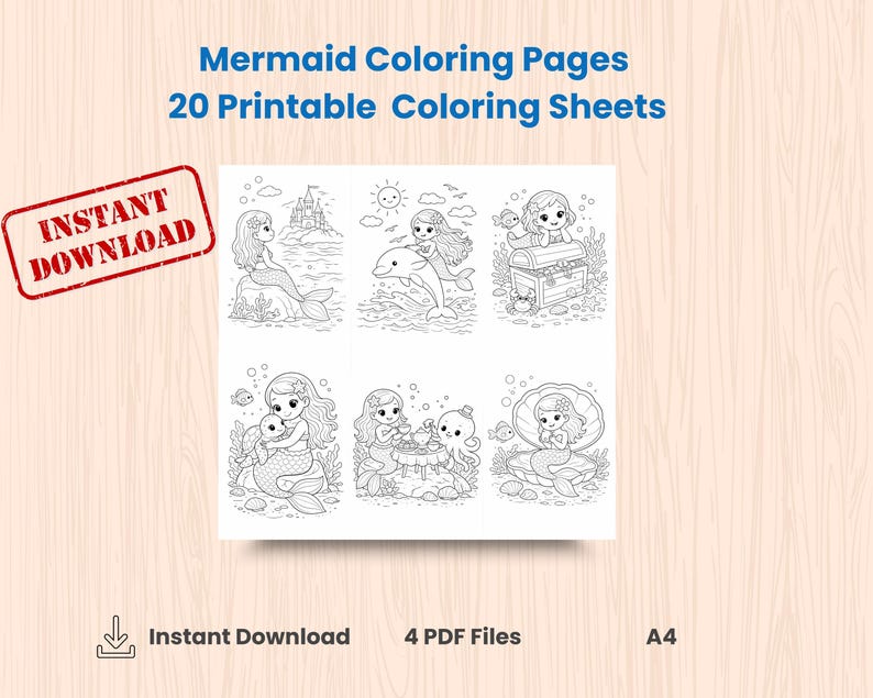 Printable Mermaid Coloring Pages, A4 Fantasy Coloring Book, Coloring ...