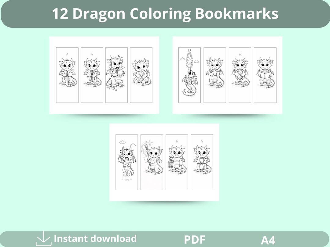 Dragon Coloring Bookmarks Printable, 12 Cute Dragon Bookmarks to Color ...