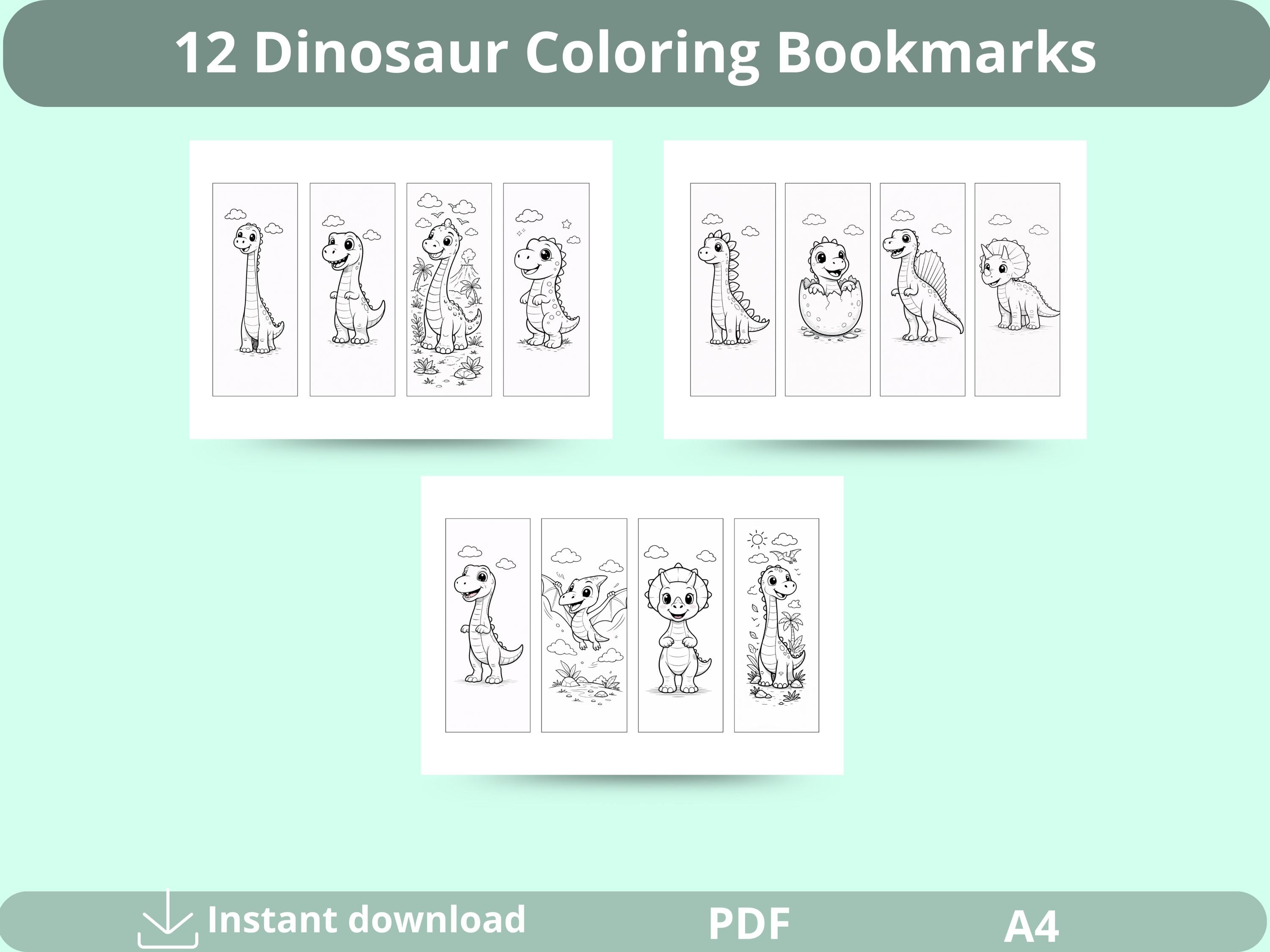 Dinosaur Coloring Bookmarks Printable, 12 Cute Dino Bookmarks to Color ...