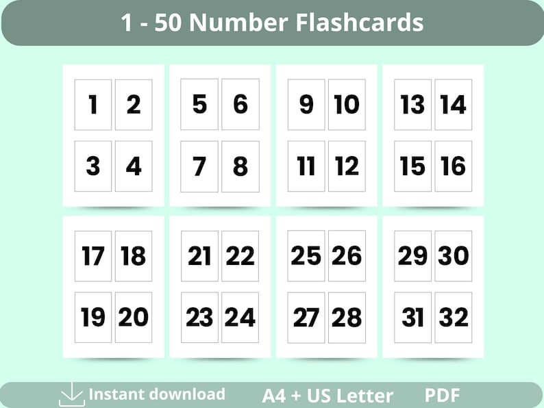 Printable Number Flashcards 1-50, Kids Math Cards, A4 & US Letter PDF ...