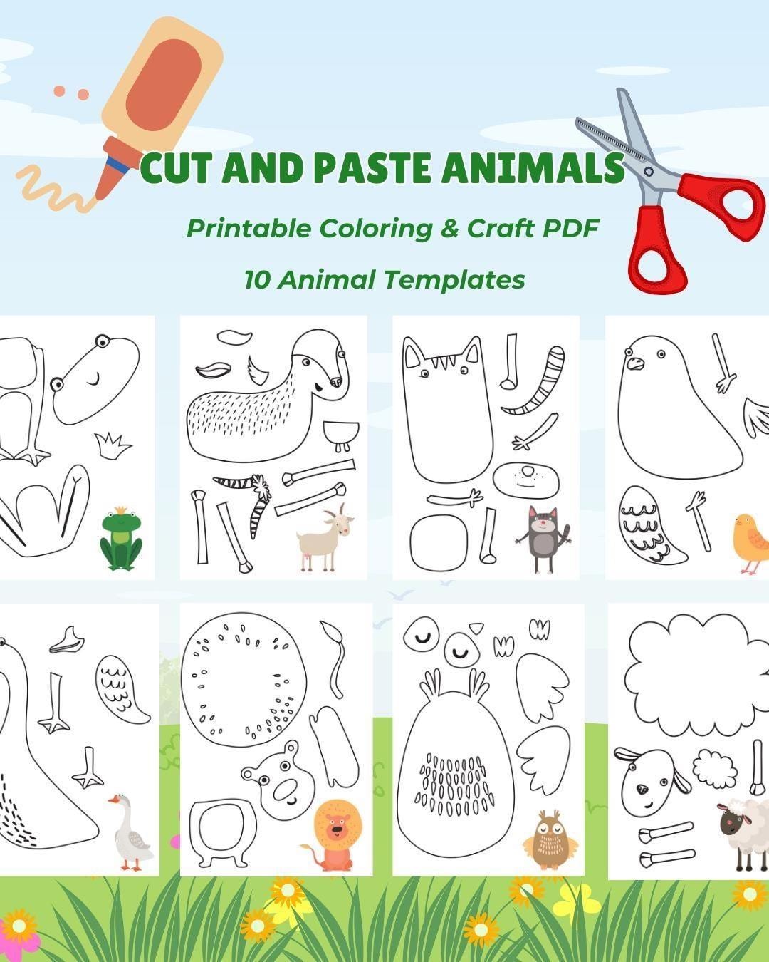 Cut and Paste Animals – Printable Coloring & Craft PDF for Kids | 10 ...