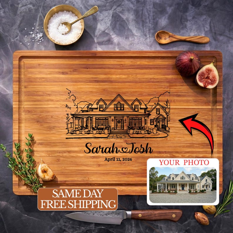 Custom Engraved House Portrait Cutting Board, Personalized Photo on ...