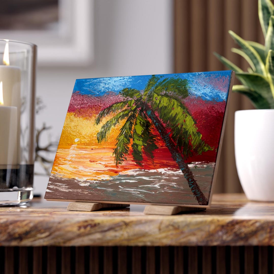Tropical Sunset Palm Tree Ceramic Photo Tile - Coastal Art Decor for ...