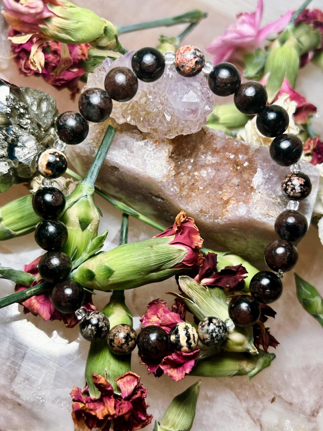 Shadow & Ember | Mexican Snowflake Obsidian and Garnet in Tourmaline ...