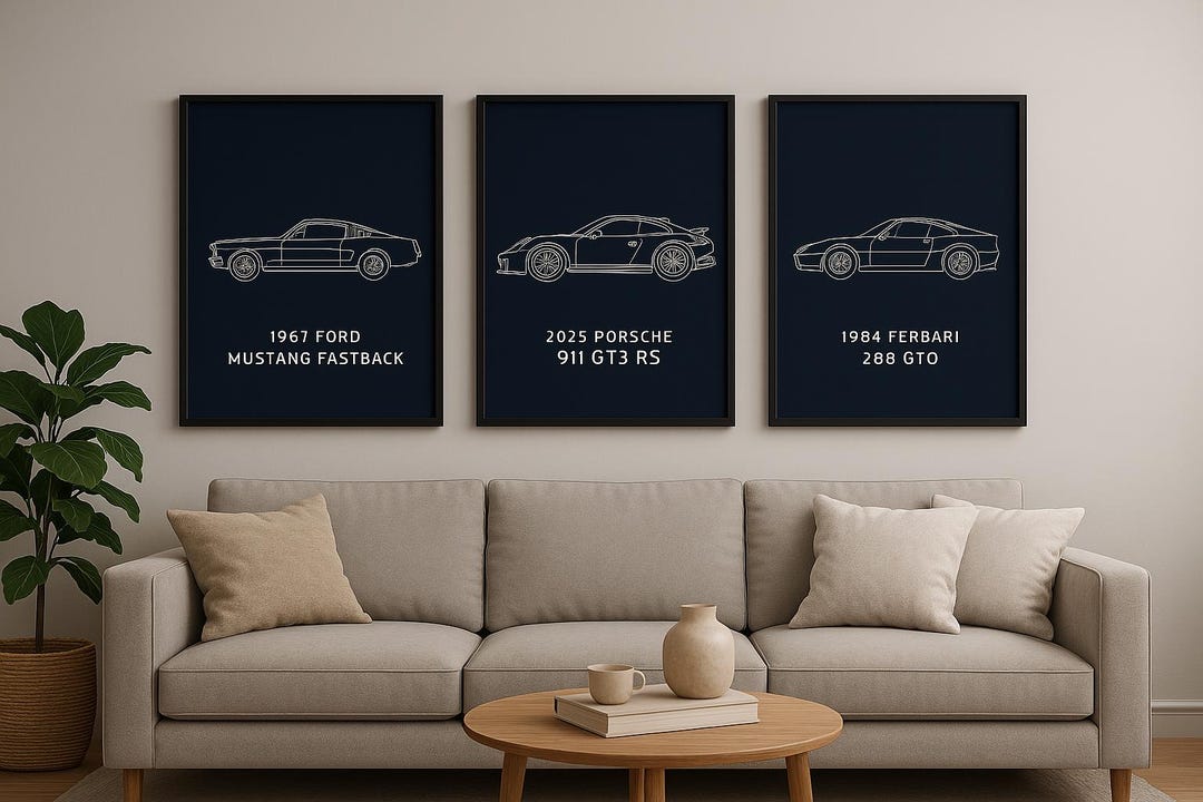Legendary Cars Blueprint Wall Art – Printable Classic Car Posters Set ...