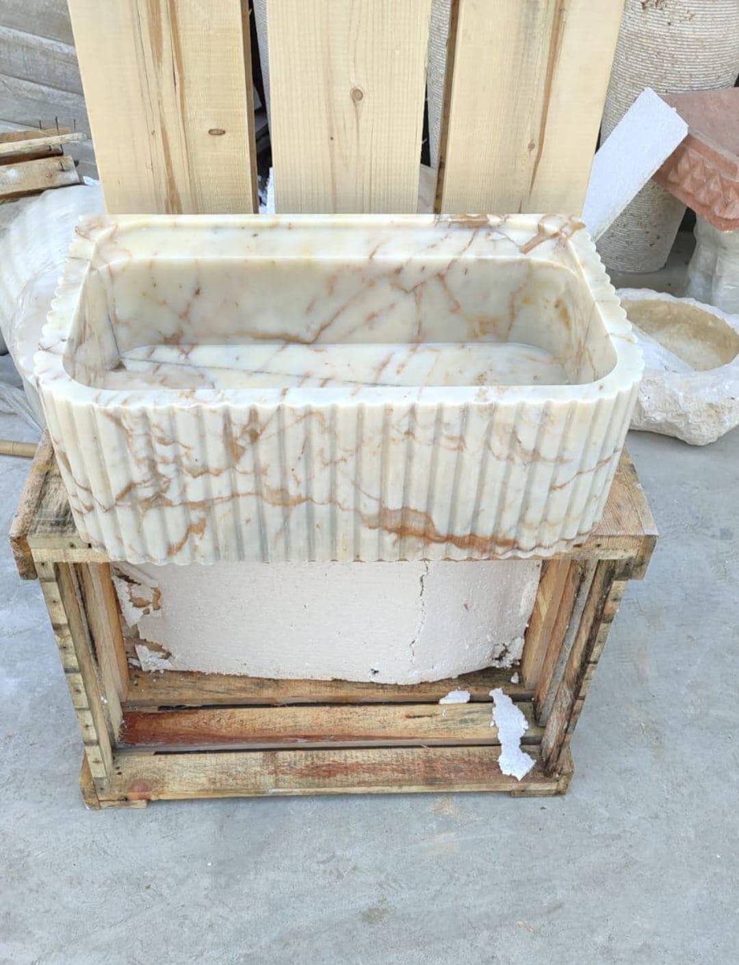 Calacatta Gold Marble Fluted Wall Mount Vanity Sink, Luxury Powder Room ...