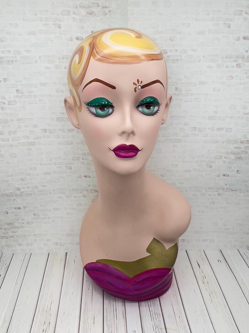 Hand Painted- Blonde- Mannequin Head- Retro Glam Display Bust With Bold Makeup , Swirl Hair ...