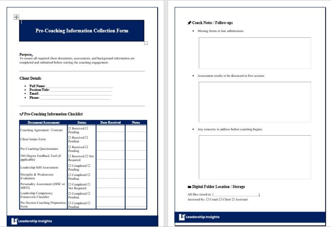 Leadership Coaching Forms Bundle: Editable Templates, Client Progress ...
