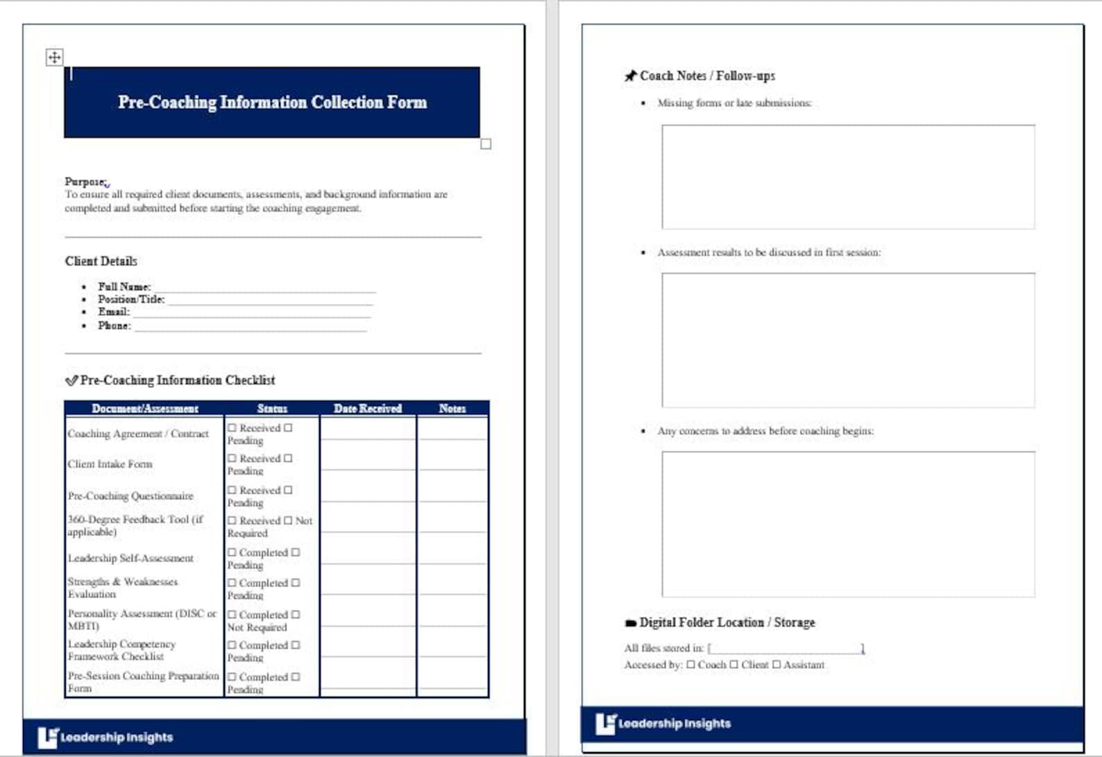 Leadership Coaching Forms Bundle: Editable Templates, Client Progress ...