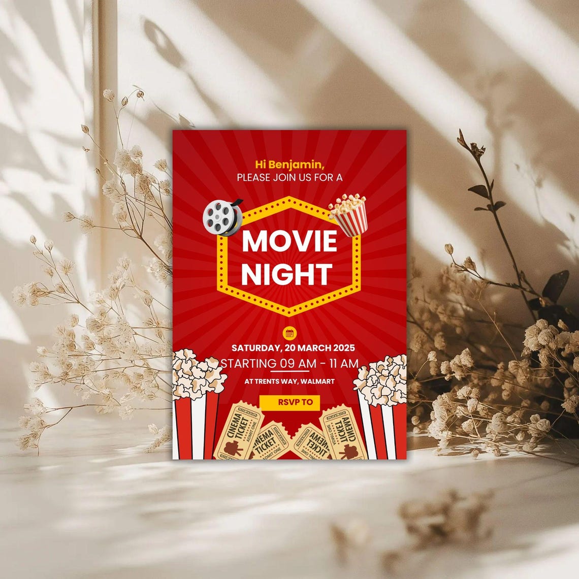 Movie Night Invitation Card Printable, Customizable Digital Invite ...