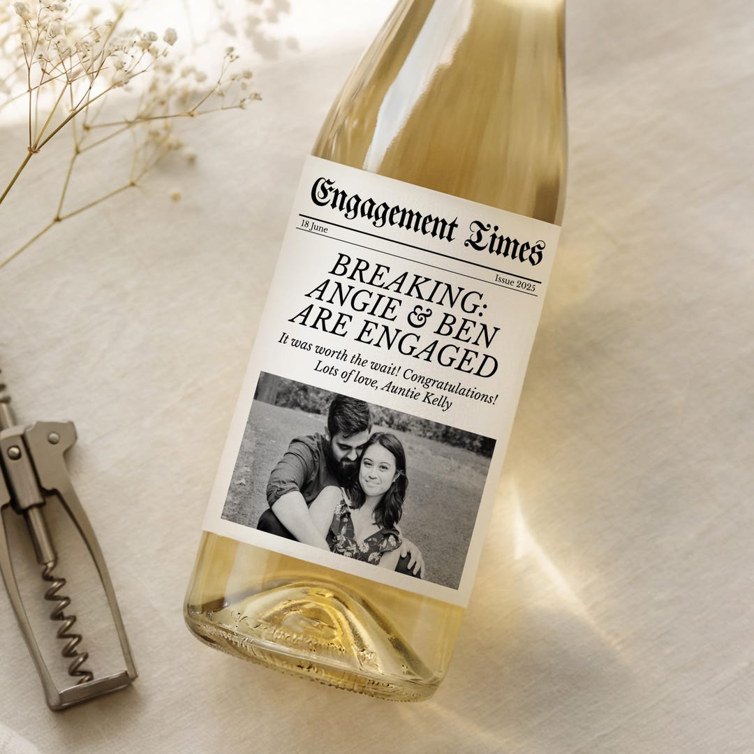 Engagement Label for Gift Box, Wedding Newspaper Theme Wine Label ...