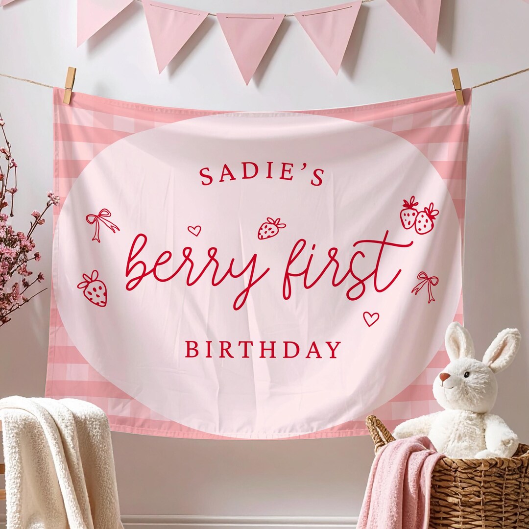 Berry First Birthday Banner: Personalized Strawberry Fabric Tapestry - Etsy