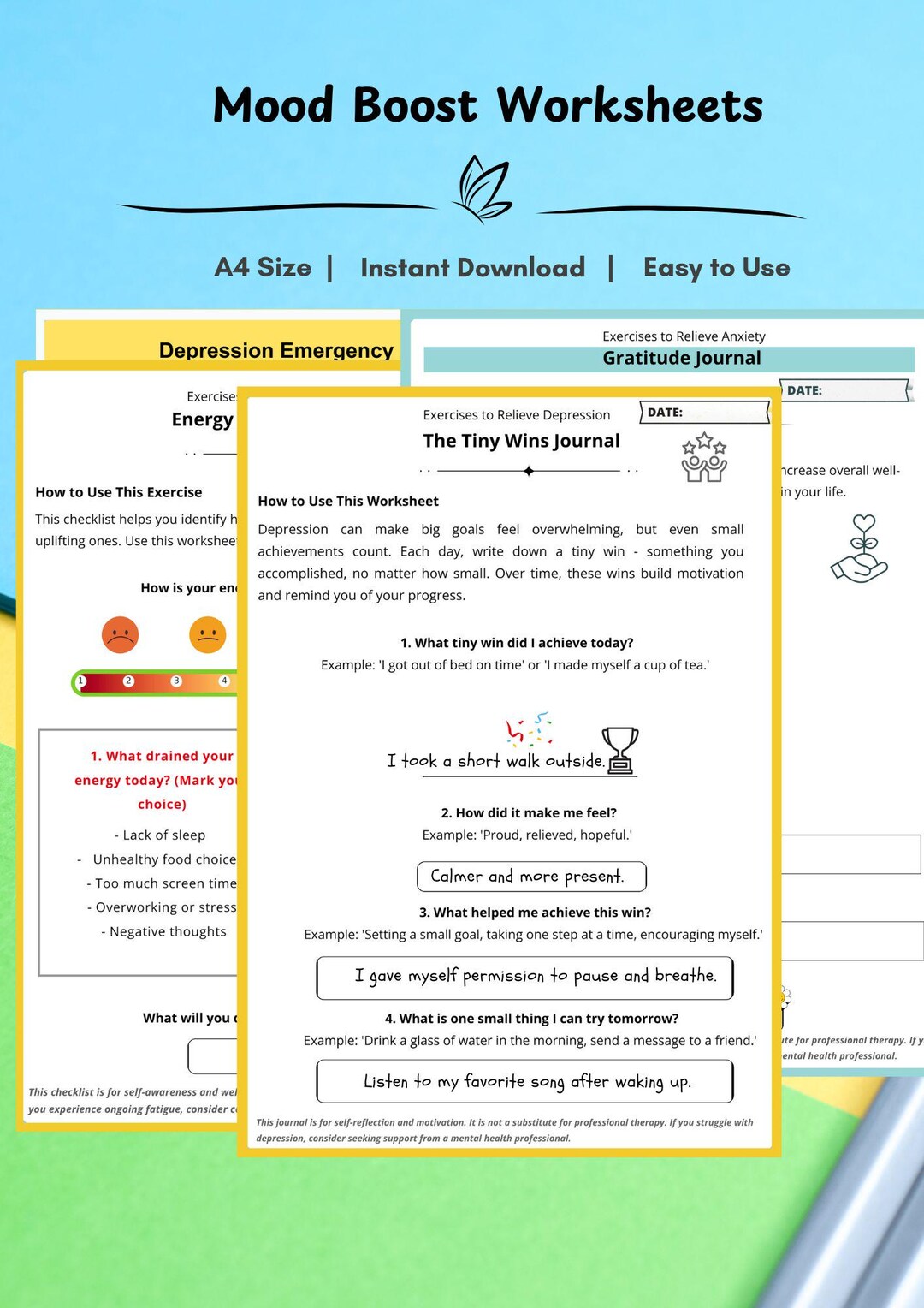 Mood Boost Worksheets | Printable Mental Health Kit | Gratitude, Energy ...