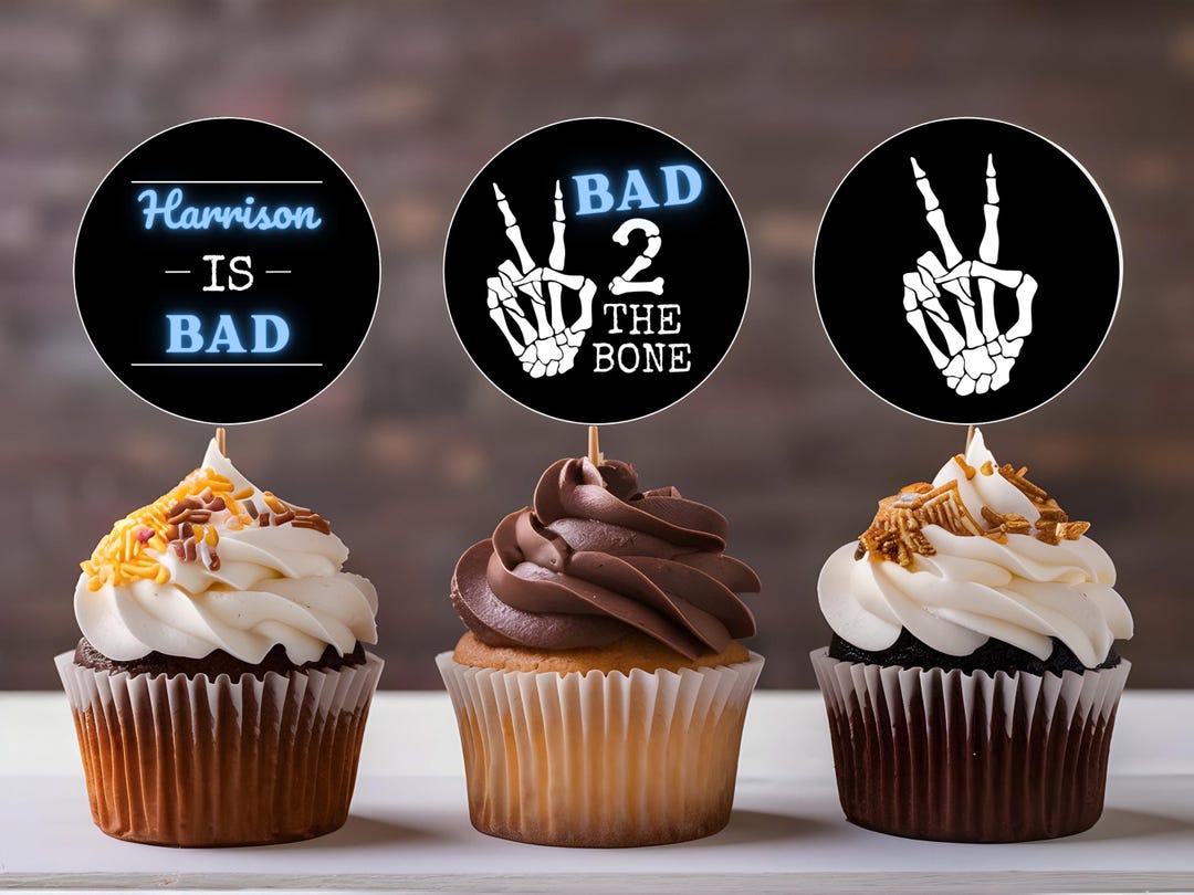 Bad Two the Bone 2nd Birthday Cupcake Toppers for Boys | Editable Canva ...