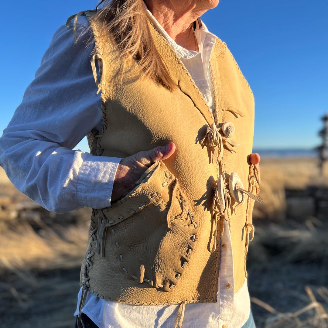 Handcrafted Bison Leather Vest With Elk Antler Buttons – Medium (women ...