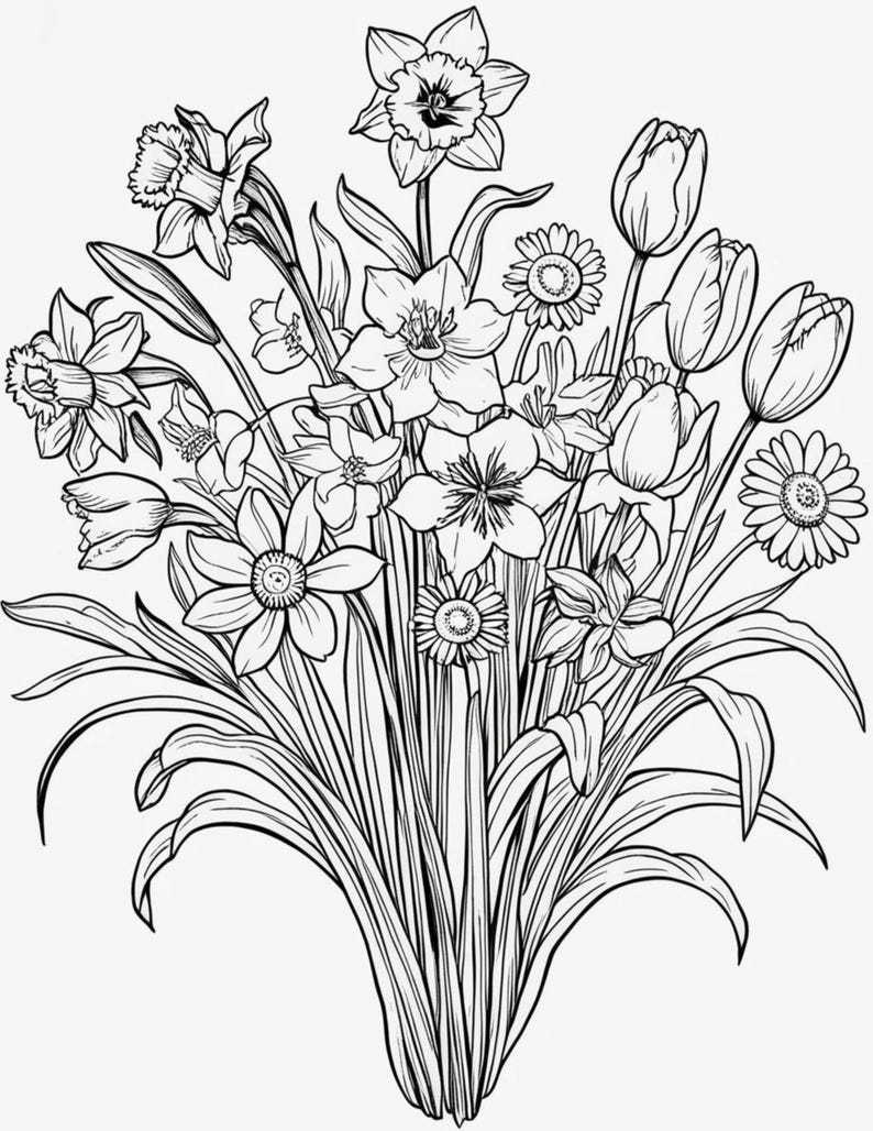 Spring Flowers Coloring Pages | Variety Three | Set of 5 - Etsy