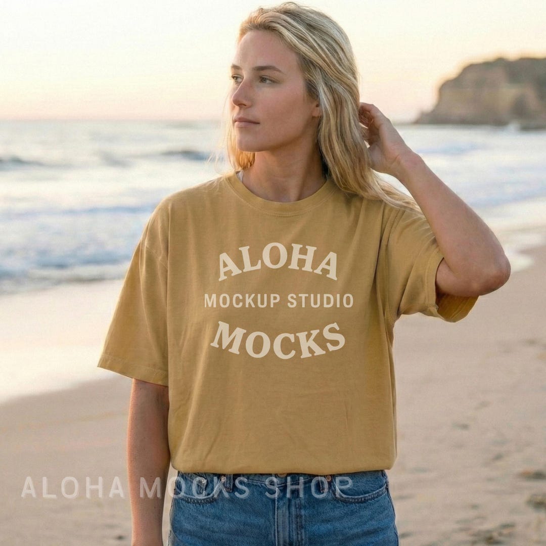 Mustard Comfort Colors 1717 Shirt Mockup: Sunset Beach Setting (JPG ...