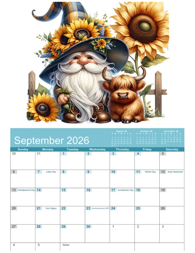 2026 Calendar Gnomes N Cows With Flowers. Sunflowers - Etsy