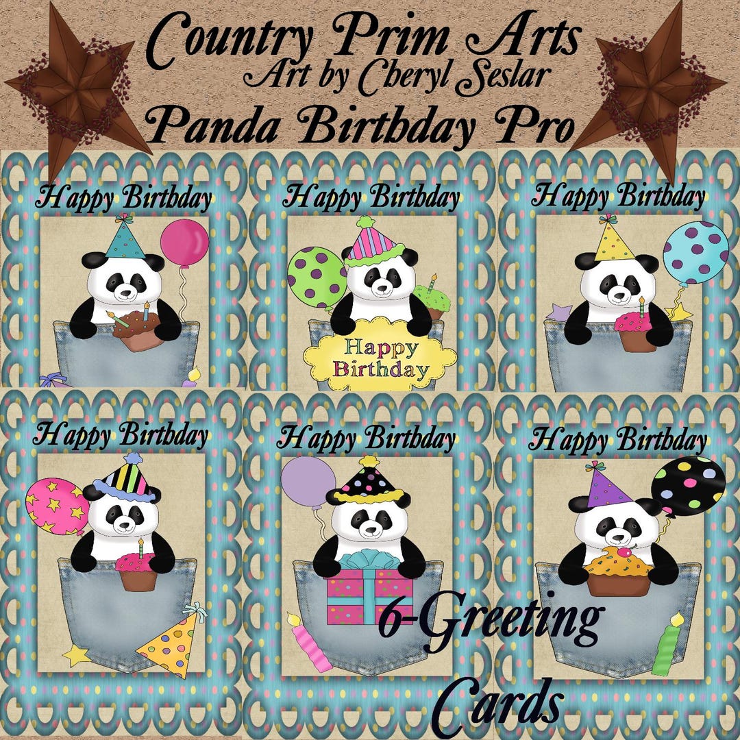 Panda Birthday Pockets Pro Greeting Cards Teal Frame by Country Prim ...