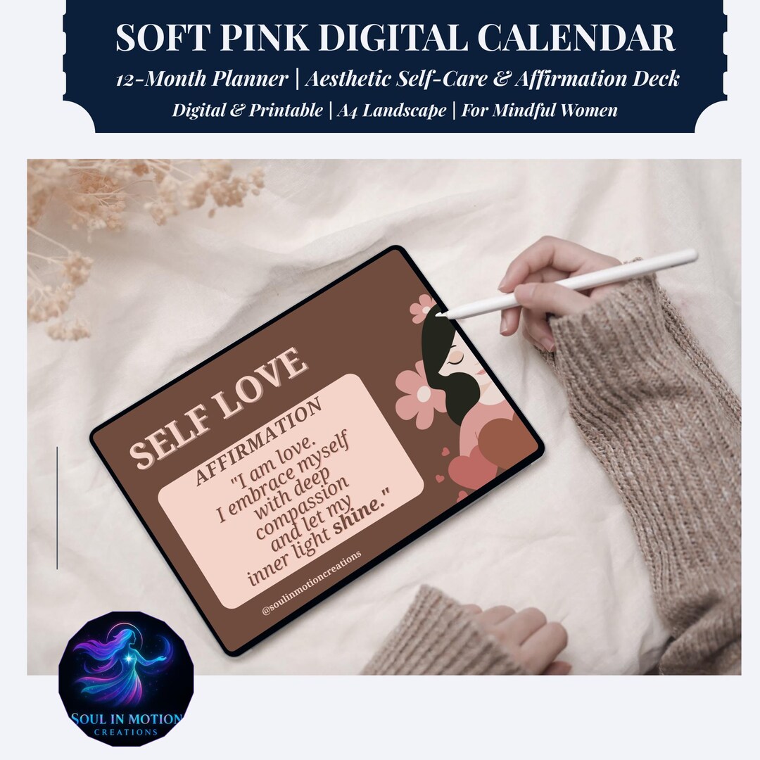Soft Pink Self-care Calendar: 12-month Affirmation Planner (A4 Digital ...