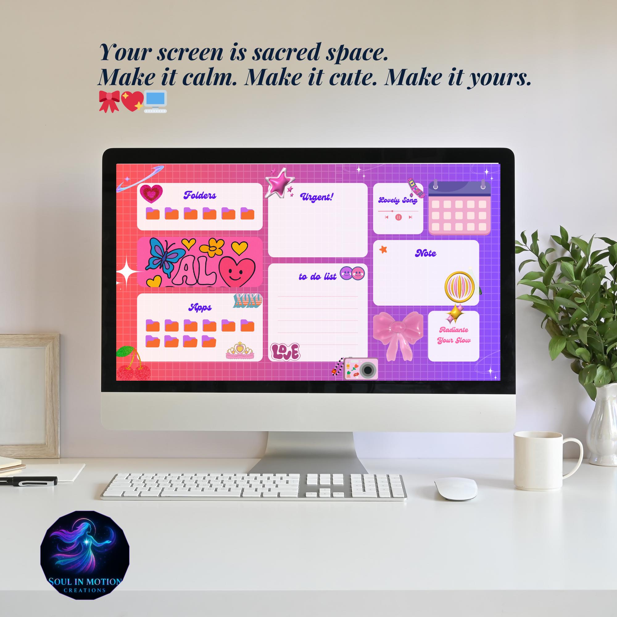 Y2K Desktop Organizer | Aesthetic Pink & Purple Wallpaper Set | Digital ...