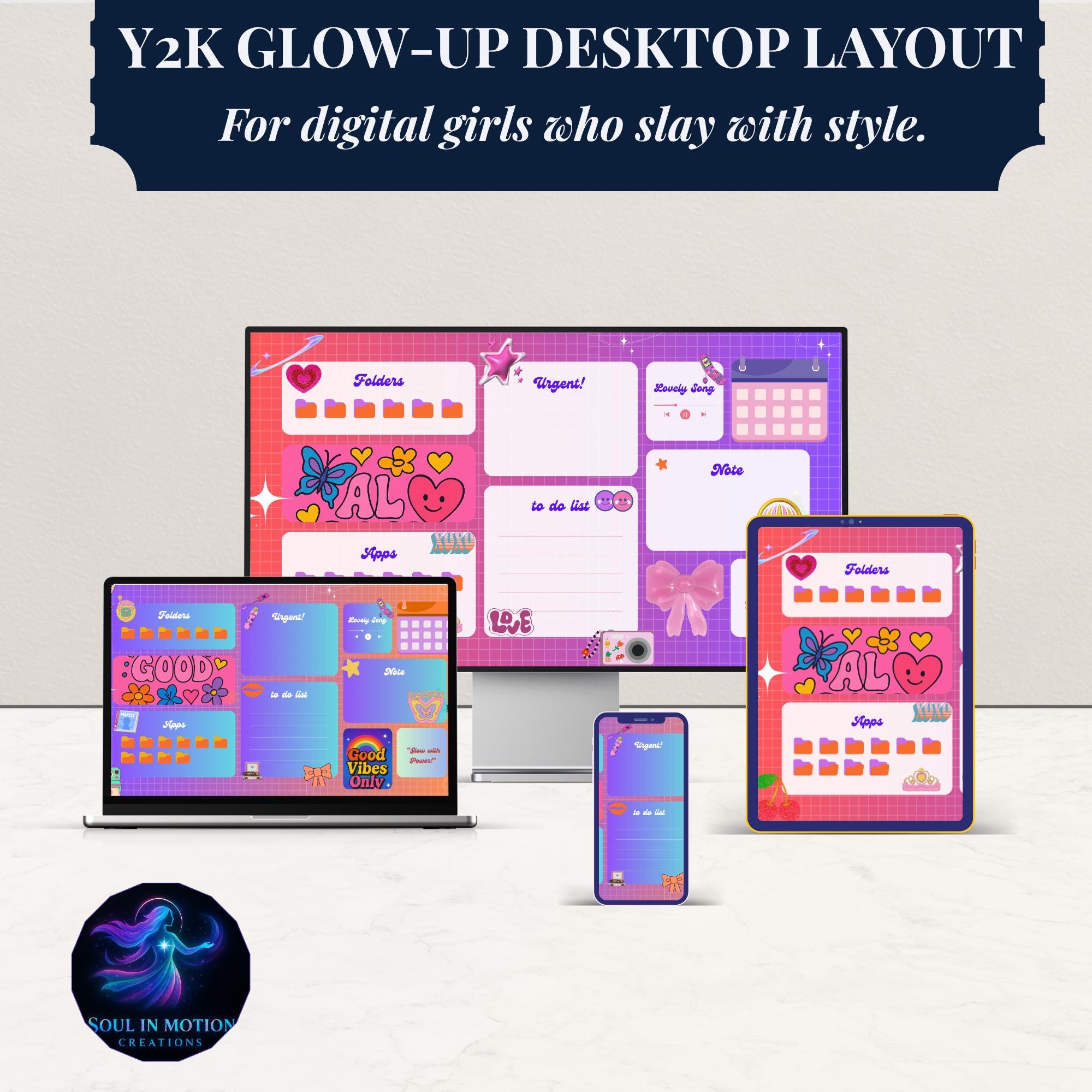 Y2K Desktop Organizer | Aesthetic Pink & Purple Wallpaper Set | Digital ...