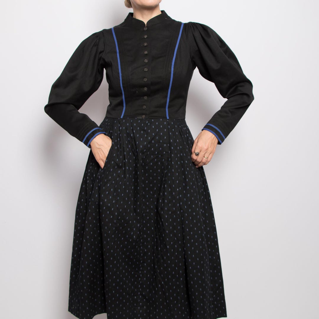 Vintage Puff Sleeve Black Dirndl Dress Folk Wool Cashmere Midi by ...