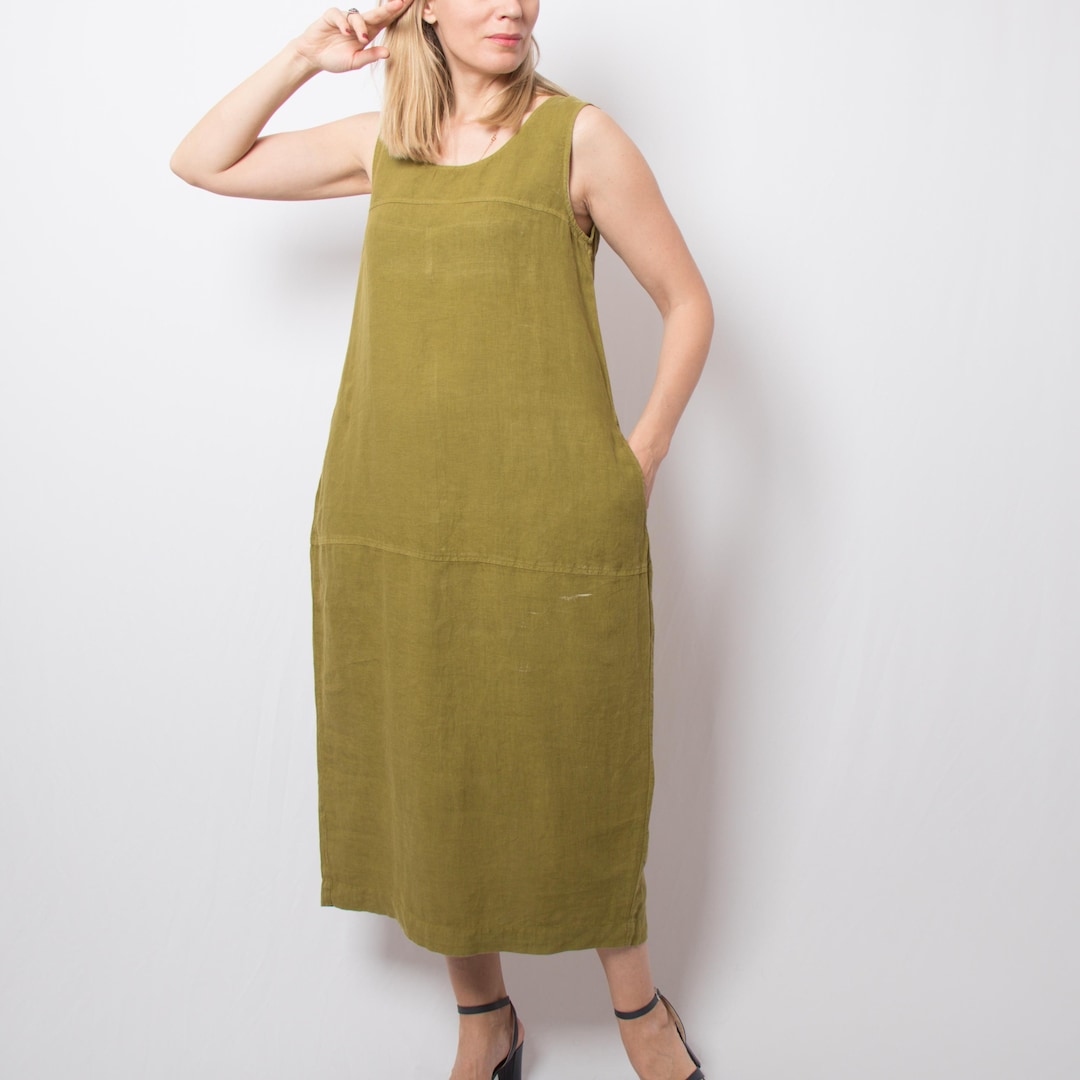 Vintage Olive Green Linen Pinafore Dress Midi Oversized With Pockets ...